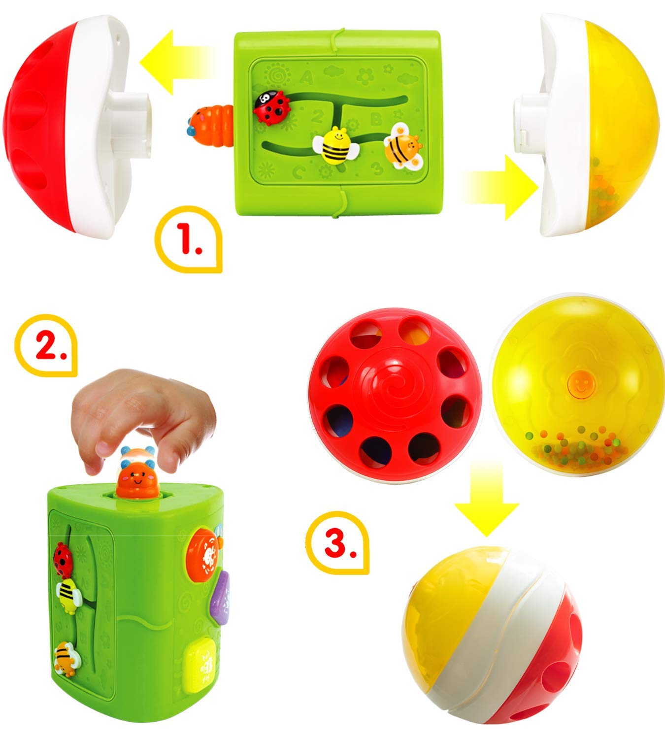 KiddoLab 3 in 1 Roll & Learn Activity Center for Baby and Rattle Ball Toy. Infant Learning Activity Center Toy with Colorful Lights and Fun Sounds.Interactive Light Up Toys for 6 Month Old Baby.