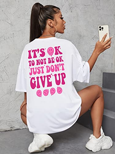 Cozyease Women's Graphic Tees Slogan Print Short Sleeve Round Neck Oversized T Shirt White and Pink XL