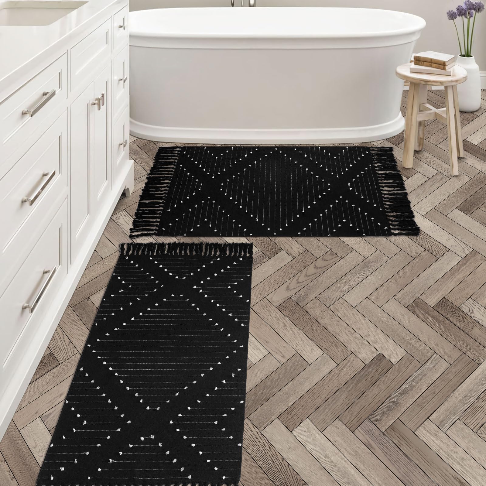 MitoVilla Black Boho Bathroom Rug Set 2 Pcs 2'x3'+2'x4.3', Small Runner Rug with Tassel for Kitchen, Cotton Woven Washable Vintage Country Throw Rug for Hallway, Entryway, Laundry Room, Floor