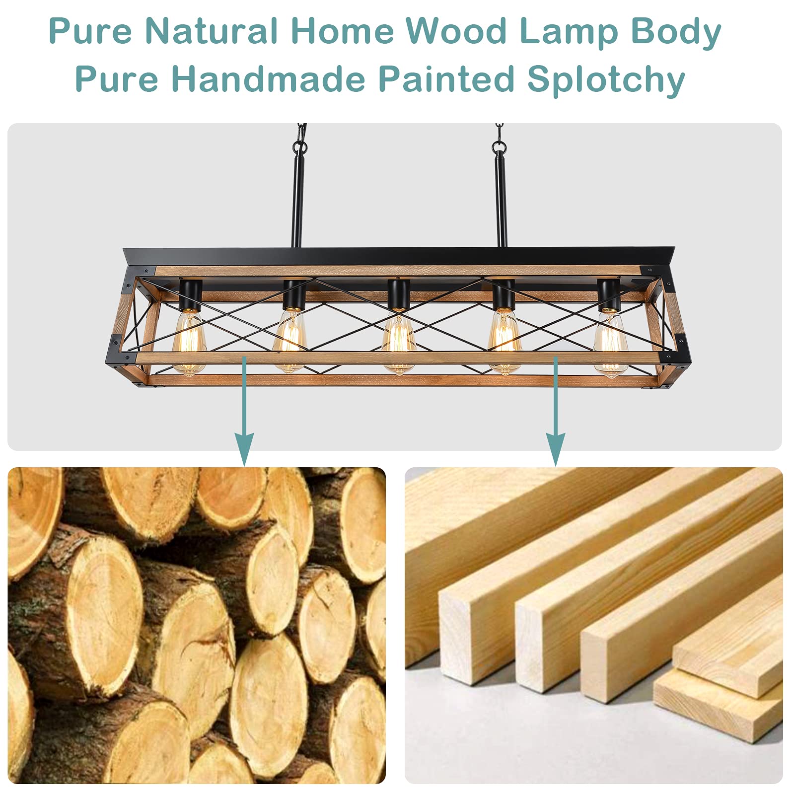 Aivvus 37.8 inch Farmhouse Wood Chandeliers, Rectangle 5 Lights Dining Room Lighting Fixtures Hanging, Kitchen Island Cage Industrial Pendant Light, Rustic Linear Chandelier Ceiling Light, Adjustable