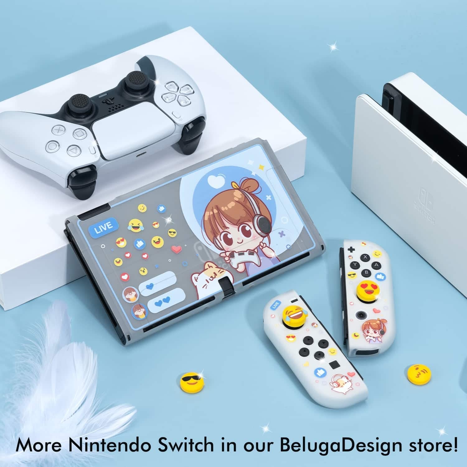 BelugaDesign Girl Gamer Case | Dockable Soft Anime Streaming Pastel Cute Snap on Cover Shell | Compatible with Nintendo Switch OLED Console Joycons (Switch OLED, Clear Blue)
