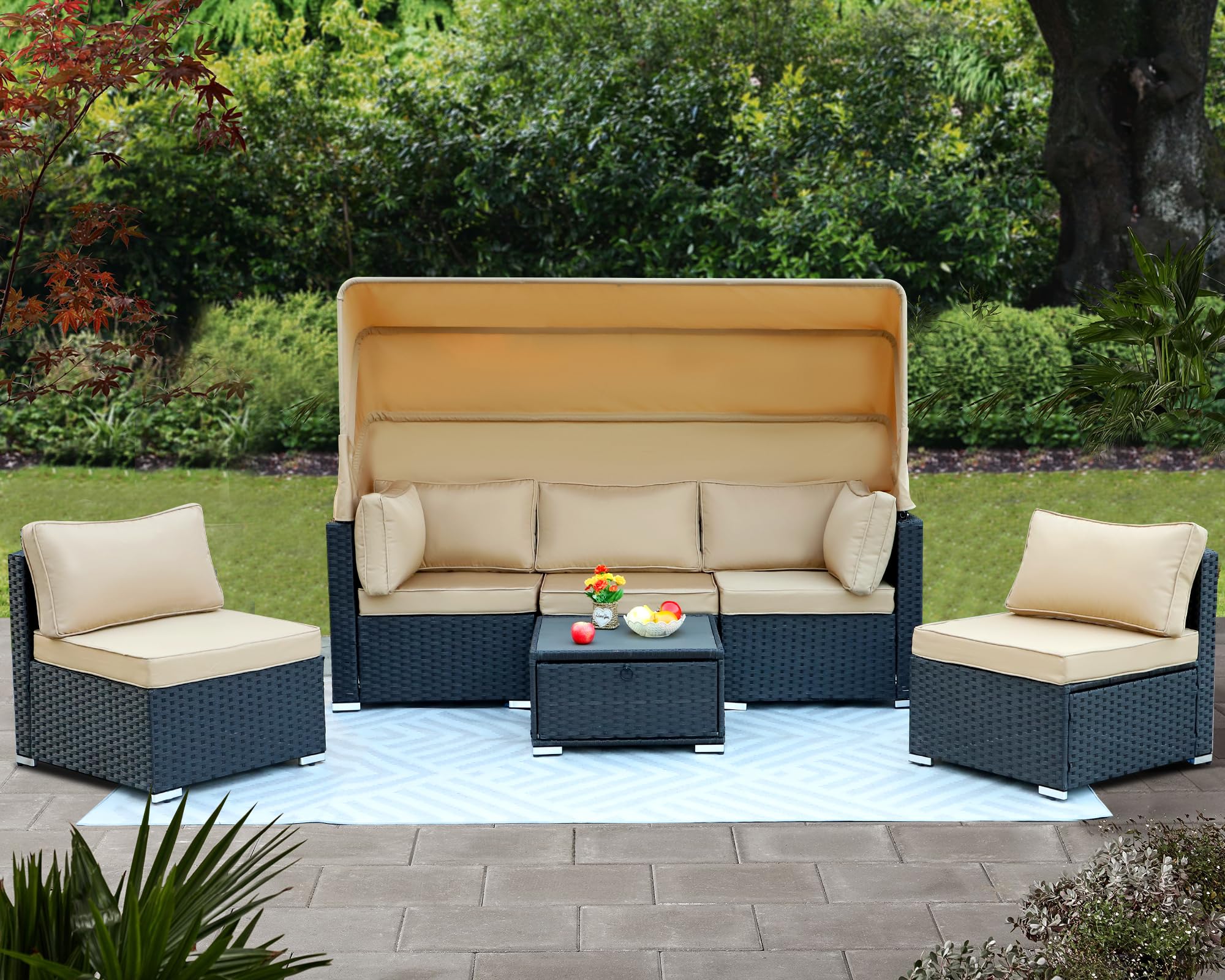 TITIMO 6 Pieces Patio Furniture Set Outdoor Conversation Set Daybed with Retractable Canopy Patio Sectional Rattan Sofa Set W/Adjustable Backrest and Table for Poolside (Brown)
