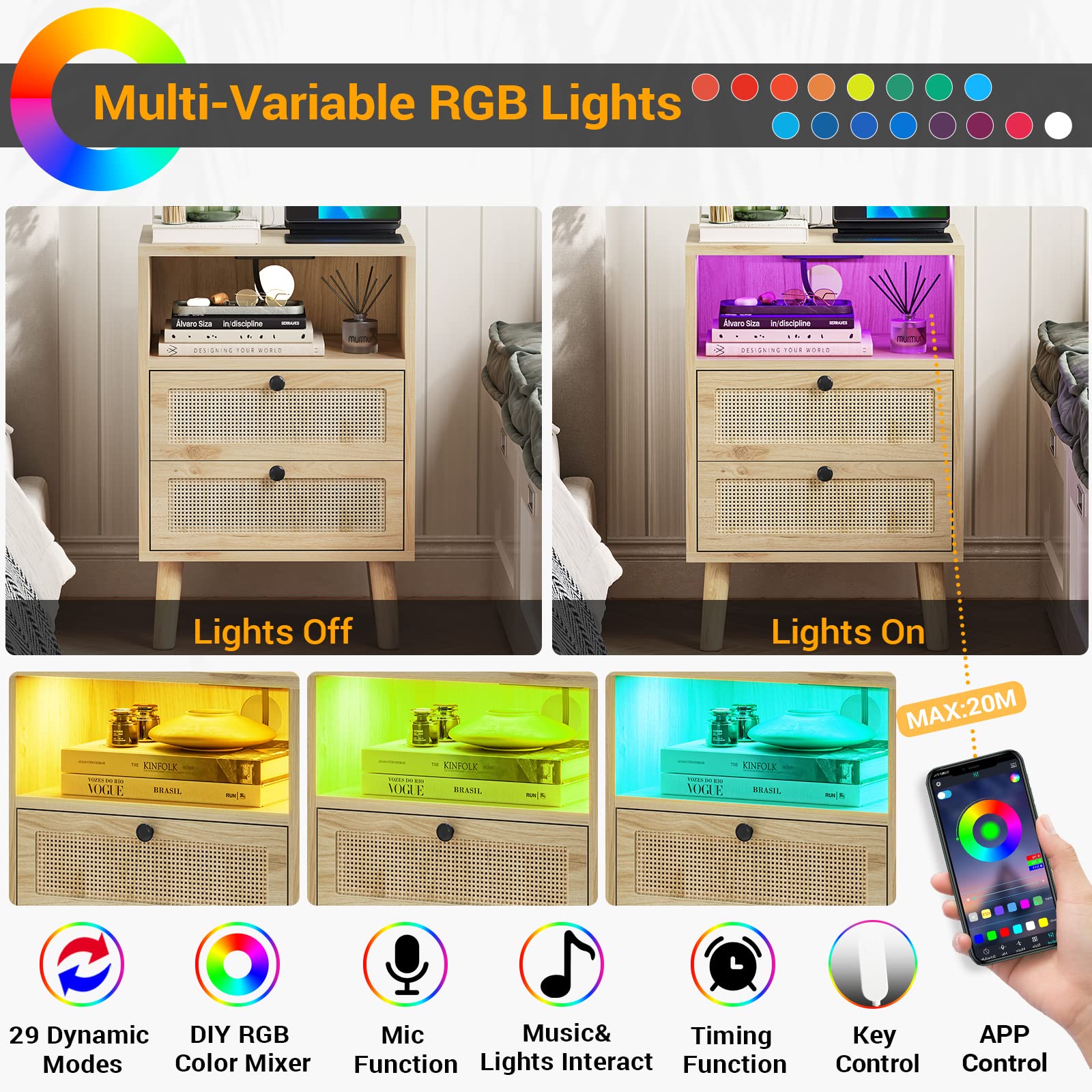 VIAGDO Rattan Nightstand with Charging Station, Led Night Stand with 2 Rattan Drawers, Bedside Tables with Solid Wood Feet, End Side Table with Open Storage Shelf for Bedroom
