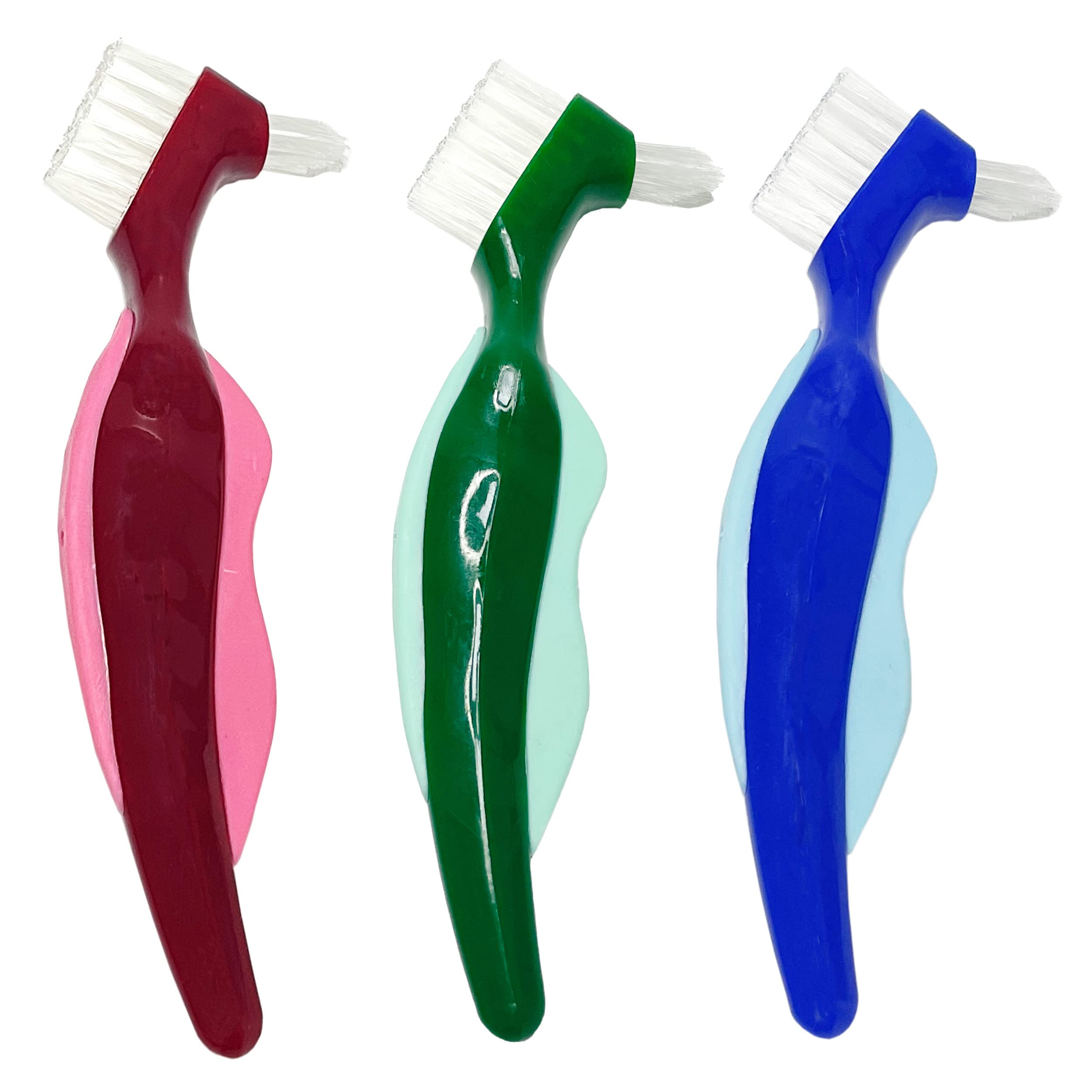 AIWAYING Premium Hard Denture Brush Toothbrush, Double Sided Brush for False Teeth Cleaning 3Pack (Blue,Red,Green)