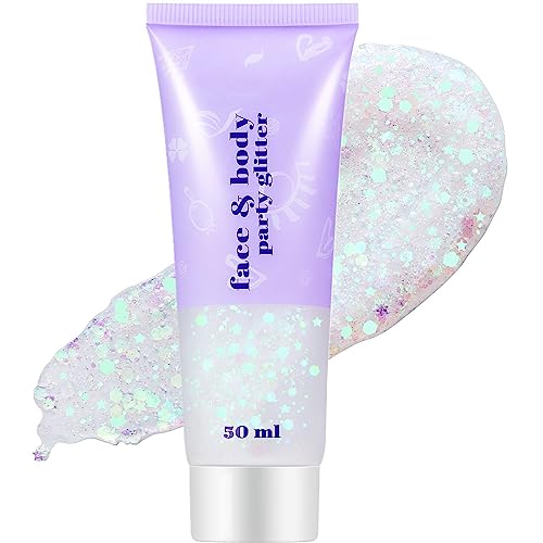 Go Ho White Face Body Glitter Gel,Singer Concerts Face Glitter Makeup,Holographic Long Lasting Chunky Sequins Glitters for Eye Lip Hair Nails,Festival Rave Accessories,006 Fairy White Glitter 52g