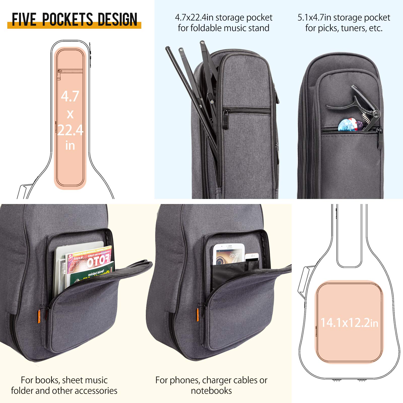 CAHAYA Guitar Bag Acoustic Reinforced 0.7 In Thick Sponge Soft Padded Guitar Case with 5 Pockets,Neck Cradle,Back Hanger Loop for 39 40 41 In Acoustic Classical Guitars CY0176
