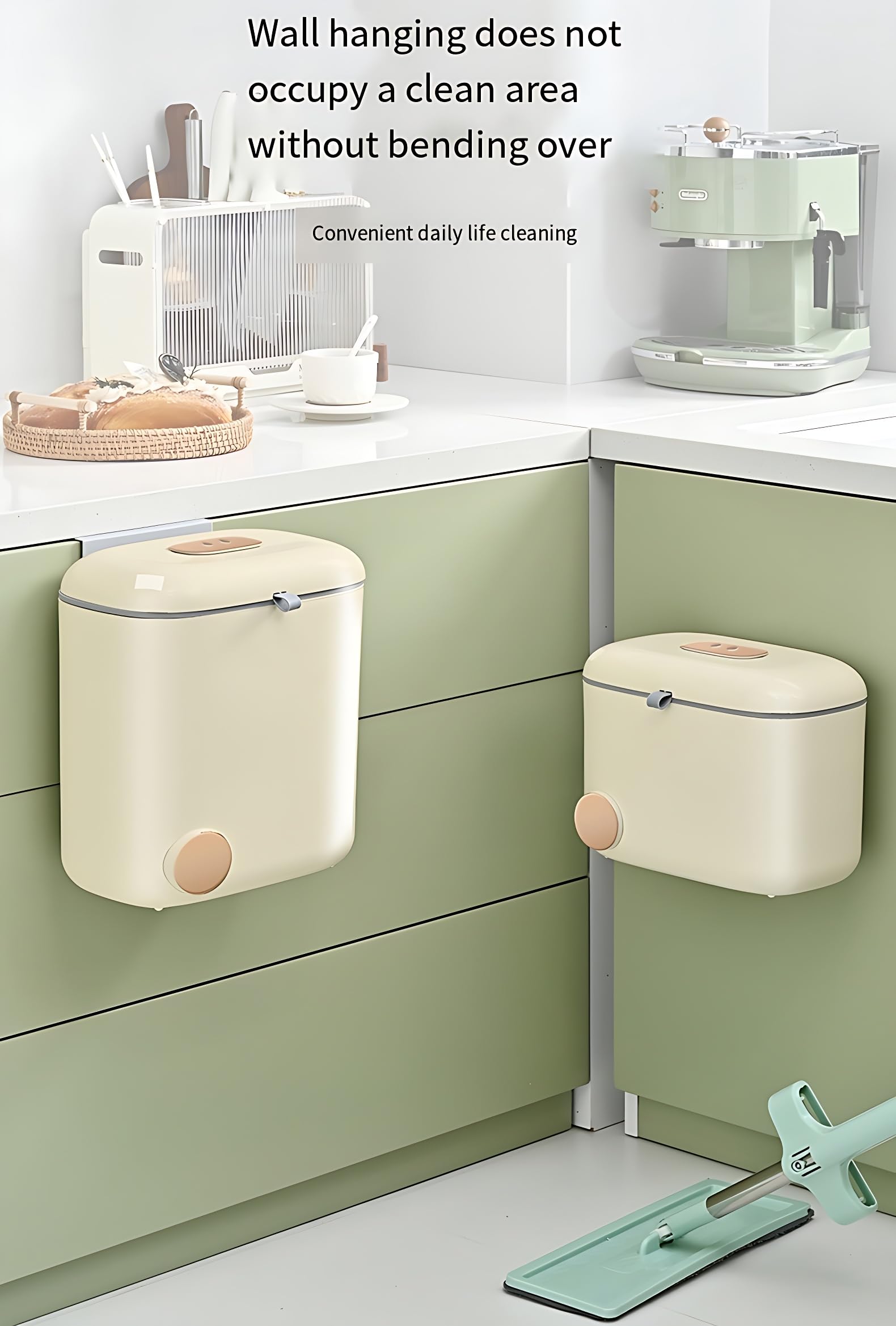 AIWE7D 9L/2.4 Gallon Hanging Trash Can for Kitchen Cabinet Door with Slide Lid Portable Hang Trash Bin Garbage Can for Bathroom with Sticky Hook ABS