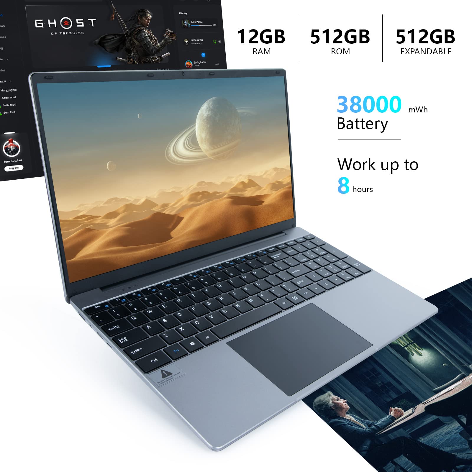 ANMESC Laptop, 15.6" 1080P Full HD Display High Performance Quad-Core Intel Celeron N5095 Processors 12GB DDR4 512GB SSD Windows 11 Laptop Computers, 2.4G/5G WiFi, Bluetooth 4.2, Long Battery Life