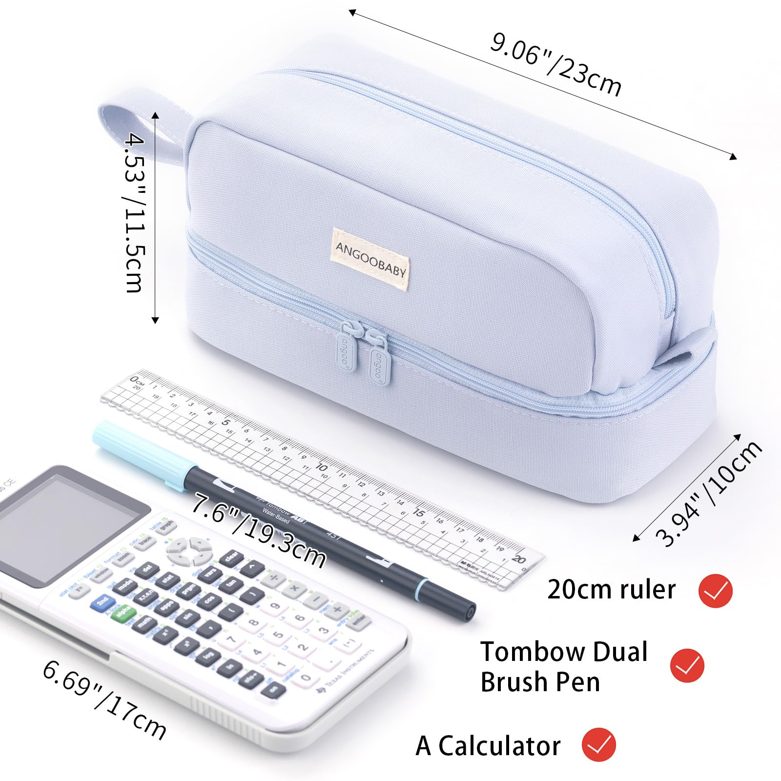 ANGOOBABY Big Capacity Large Pencil Case Canvas Pen Pouch Bag with 2 Compartments for Girls Boys Teen School Students Adults - Blue
