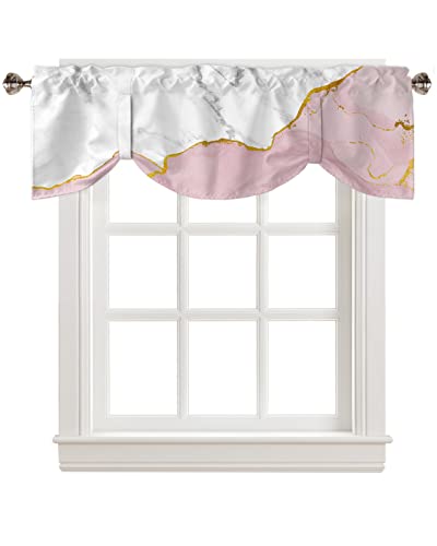 FAMILYDECOR Kitchen Valances for Windows, Elegant Adjustable Window Treatments with Tie-up, White Gold and Pink Plated Marble Window Valance Curtains for Living Room/Bedroom 60x18in