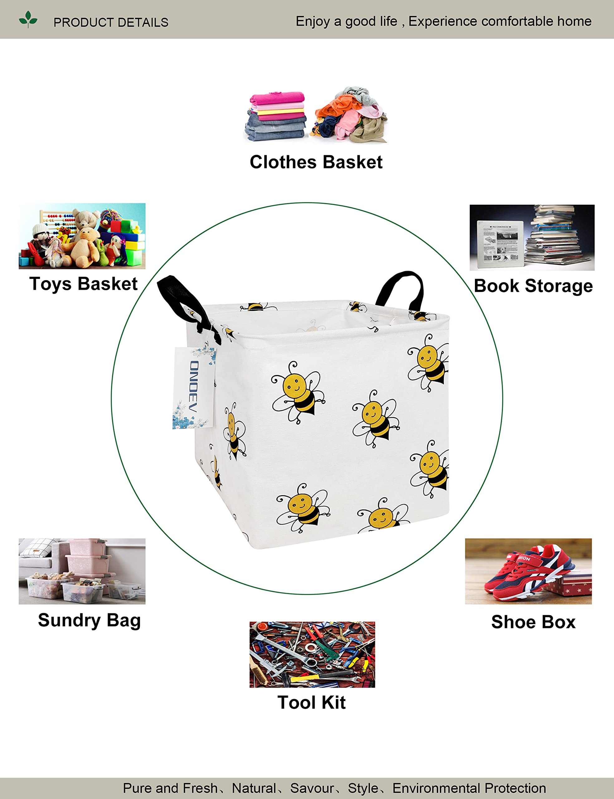 ONOEV Square Folding Laundry Basket, Canvas Basket,Nersury Hamper,Suitable for Children,Office,Bedroom,Clothes,Toys Storage(Bee