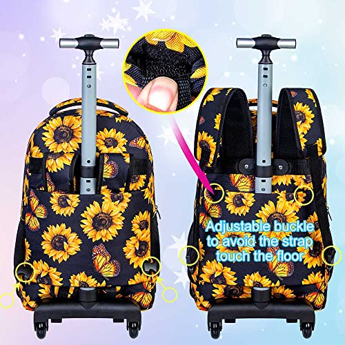 Rolling Backpack for Girls, 21 Inch Roller Wheeled Sunflower Flowers Bookbag for Students School, Water Resistant Elementary Travel Backpacks with Wheels