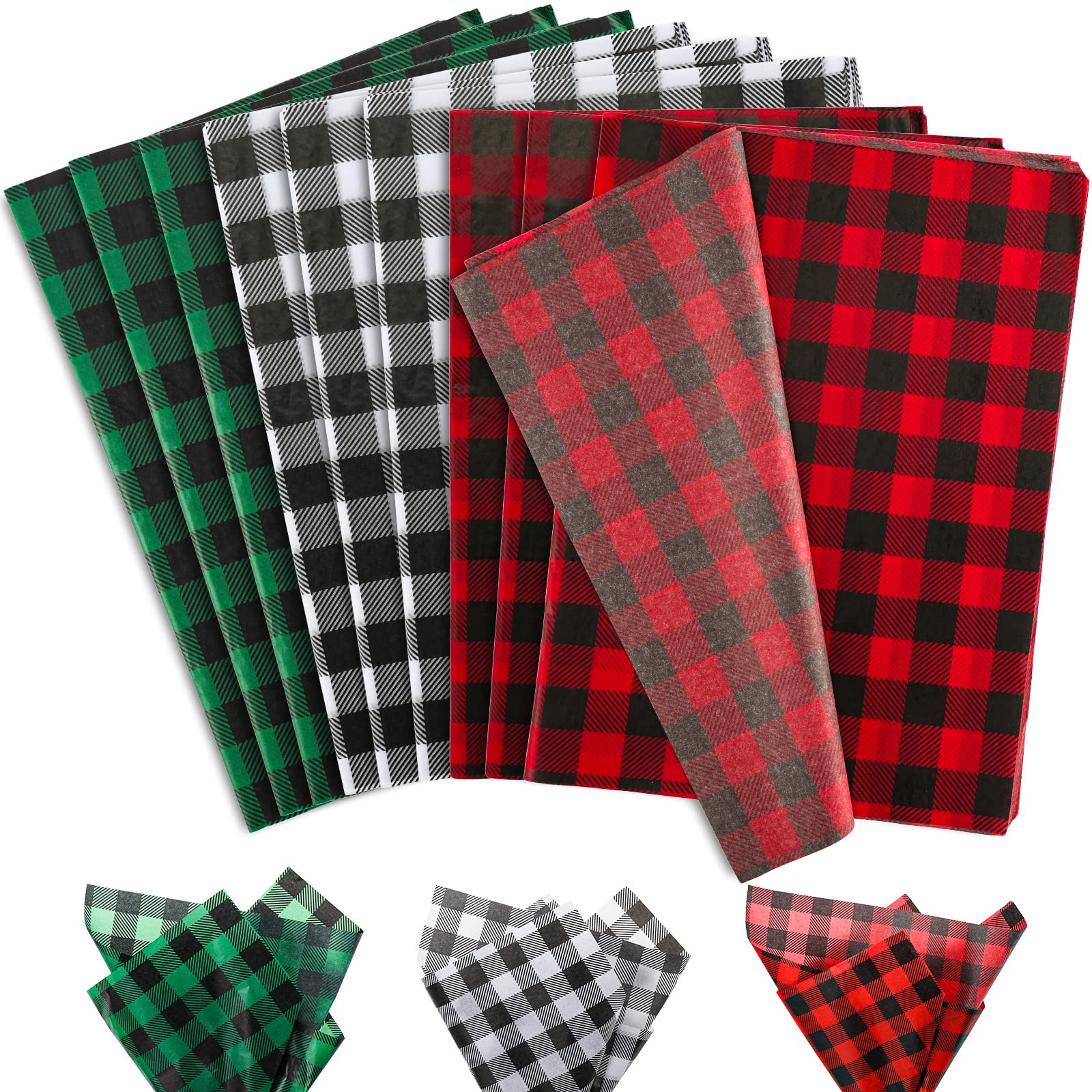 Whaline 120 Sheets Christmas Tissue Paper Buffalo Plaid Wrapping Paper Red Green White Black Gift Wrapping Paper Rustic Art Paper Crafts for Home DIY Gift Bags New Year Decor, 14 x 20inch