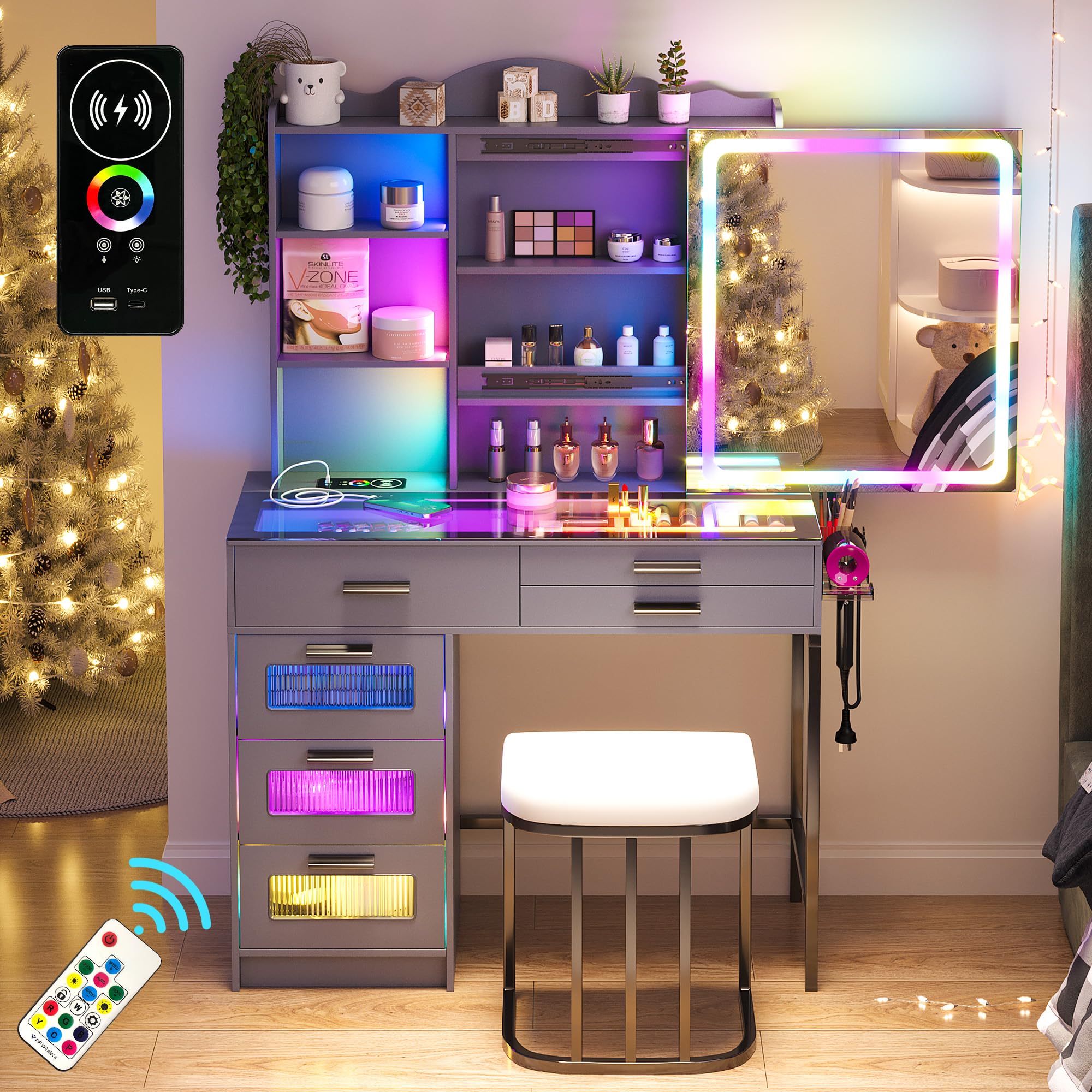 WOOVIVS RGB Vanity Desk with Sliding Mirror and Lights, LED Makeup Vanity with Charging Station/Motion Sensor Light, Glass Top Vanities Dressing Table Set with Jewelry Box,6 Drawers,Stool (White)