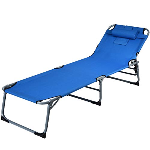 GYMAX Tanning Chair, Beach Lounge Chair with Face Hole, 5 Level Adjustable Backrest, Removable Pillow & Carry Handle, Adult Layout Sunbathing Chair for Outside Beach Poolside Lawn Patio (1, Blue)