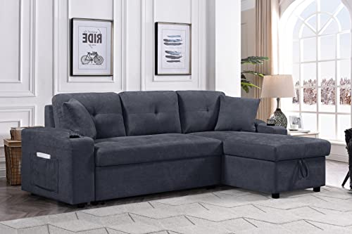 BIADNBZ Reversible Sleeper Sofa Bed 2 in 1 Pull Out Couch with Storage Chaise 2 Cup Holders Two Side Pockets and Pillows for Living Room, Dark Grey