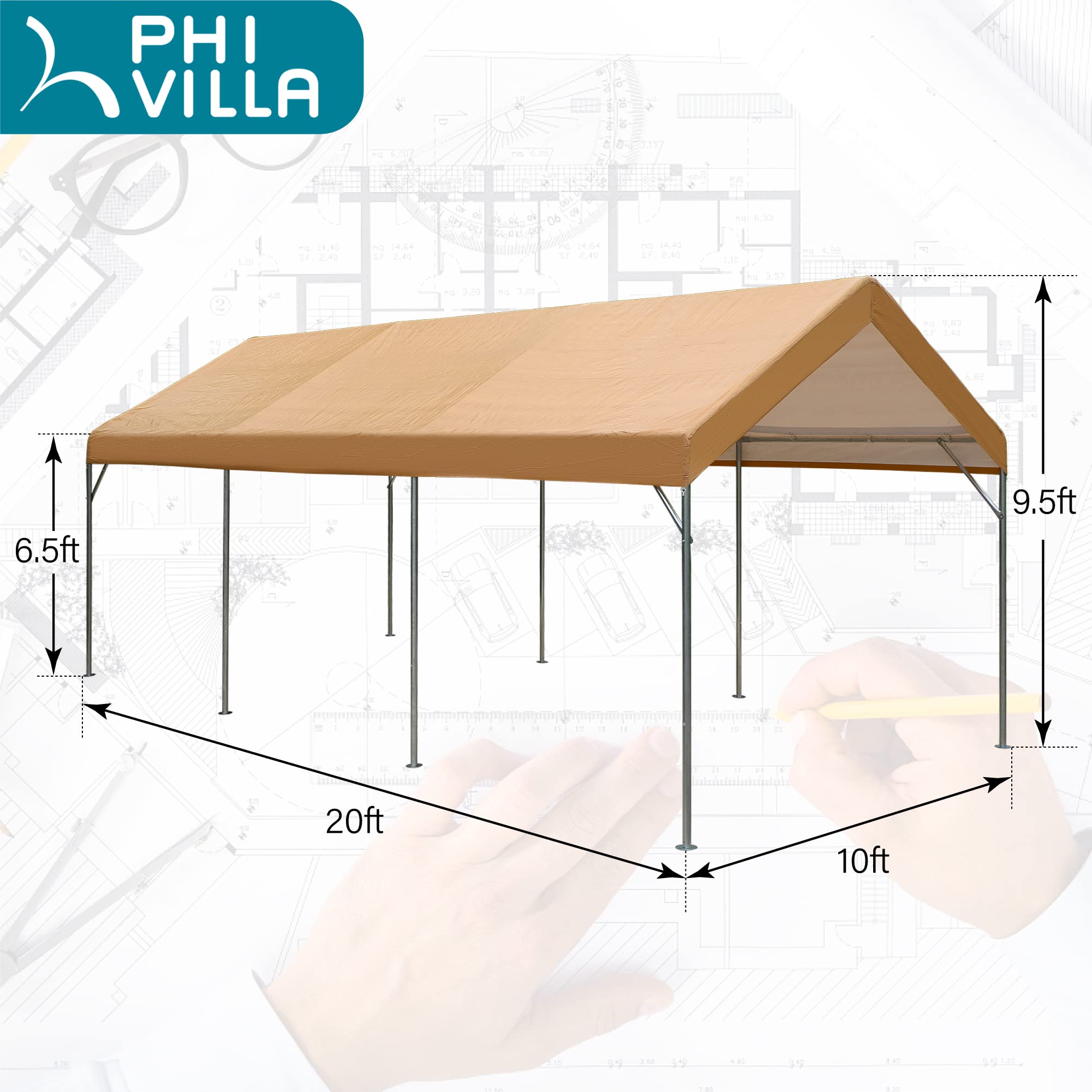 PHI VILLA 10x20 ft Heavy Duty Carport Car Canopy Garage Boat Shelter Party Tent(ith 4 Sand Bag),Beige