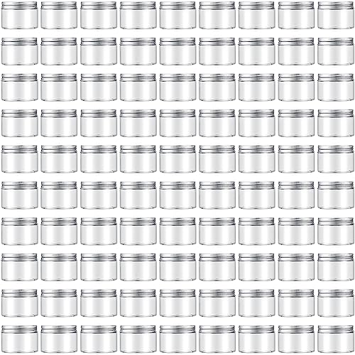 Dandat 80 Pcs 4 oz Clear Plastic Jars Containers Refillable Plastic Slime Storage Containers with Screw Round Plastic Jars with Lids Empty Food Jars Canisters for Kitchen Household Storage, Silver