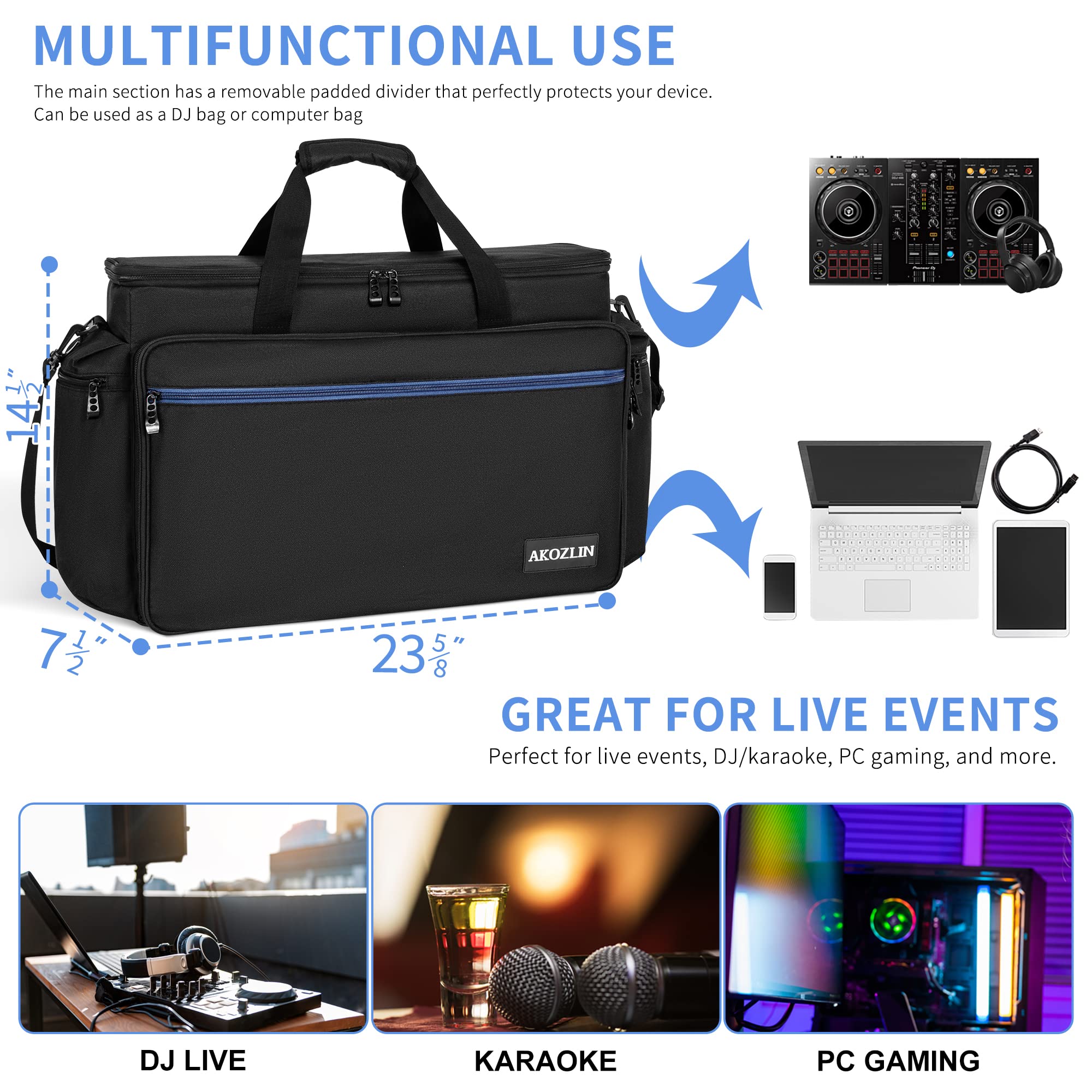 AKOZLIN Protector Gig Bag Fit For Pioneer DDJ SR SR2 RR Denon MC4000 Numark NVII Mixtrack Pro 3 NV Platinum Controller Travel Bag 23.3”×7.5”×14.5”