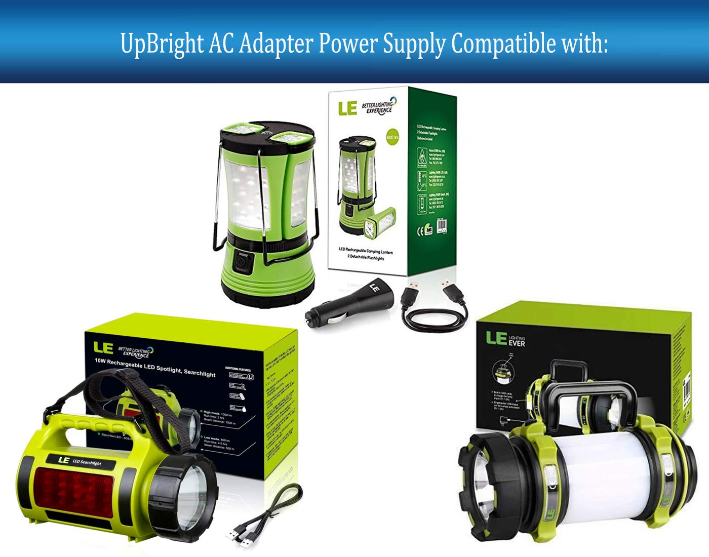 UpBright 5V AC/DC Adapter Compatible with LE Lighting Ever Lantern Rechargeable LED Searchlight Camping Lamp Detachable Flashlight 3300012 3300012-DW 3300006 3300019 5VDC Power Supply Battery Charger