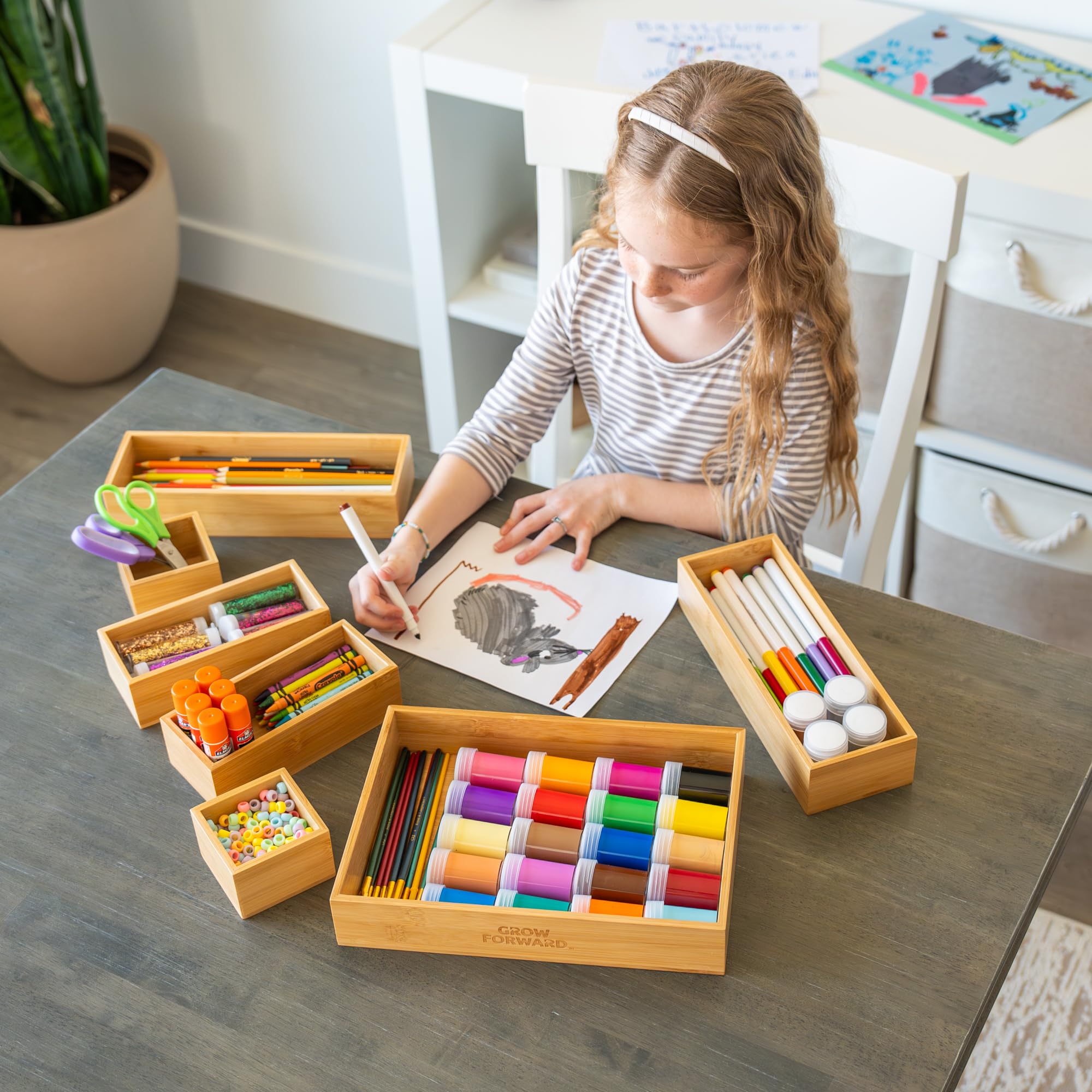 Grow Forward Bamboo Drawer Organizer Boxes - Set of 14 Wooden Drawer Organizers for Kitchen, Bathroom, Office, Desk, Vanity, Makeup - Non-Slip Junk Drawer Organizer Trays for Storage and Organization