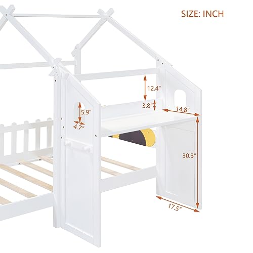 BIADNBZ Twin Size House Bed Frame with Desk and Two Handles, Wooden Platform Bedframe w/Windmill, Roof&Flower Decor, for Kids Boys Girls Bedroom, White