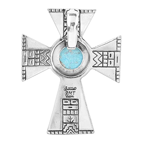 American West Sterling Silver Women's Pendant Enhancer Blue Turquoise Gemstone Roderick Tenorio Cross Design