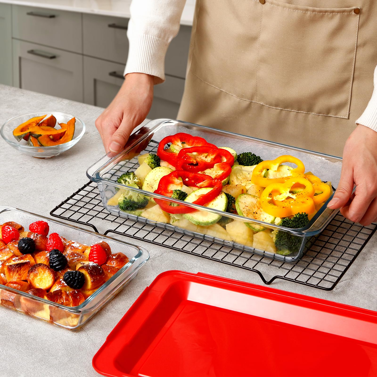 NUTRIUPS 3 Pieces Glass Baking Dish with Lid, Clear Rectangular Glass Casserole Dish with Lid Glass Baking Pan Set for Lasagna, Glass Bakeware Set(1QT+1.8QT+3QT)