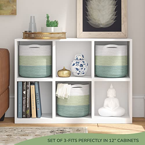 Eco Living Recycled Cotton Rope Basket - Multi-Purpose Woven Closet Storage Bins - Medium 11 X 11 X 11 Inches - Nursery & Kids Room Organizer - Fits 12X12β Cube Shelves - Set of 3 - White & Green