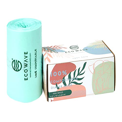 ECO WAVE 100% Compostable Diaper Bags, 200 bags, ASTM D6400, EN 13432, US BPI and Europe OK Compost Home Certified Disposable Biodegradable Baby Poop Bags