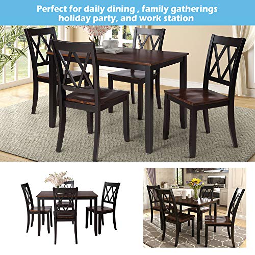 BEDGJH 5-Piece Wood Dining Table Set, Kitchen & Dining Room Furniture-1 Solid Wood Round Table w/ 4 Cross Back Chairs for Breakfast Lunch Dinner Living Space (Black+Cherry)