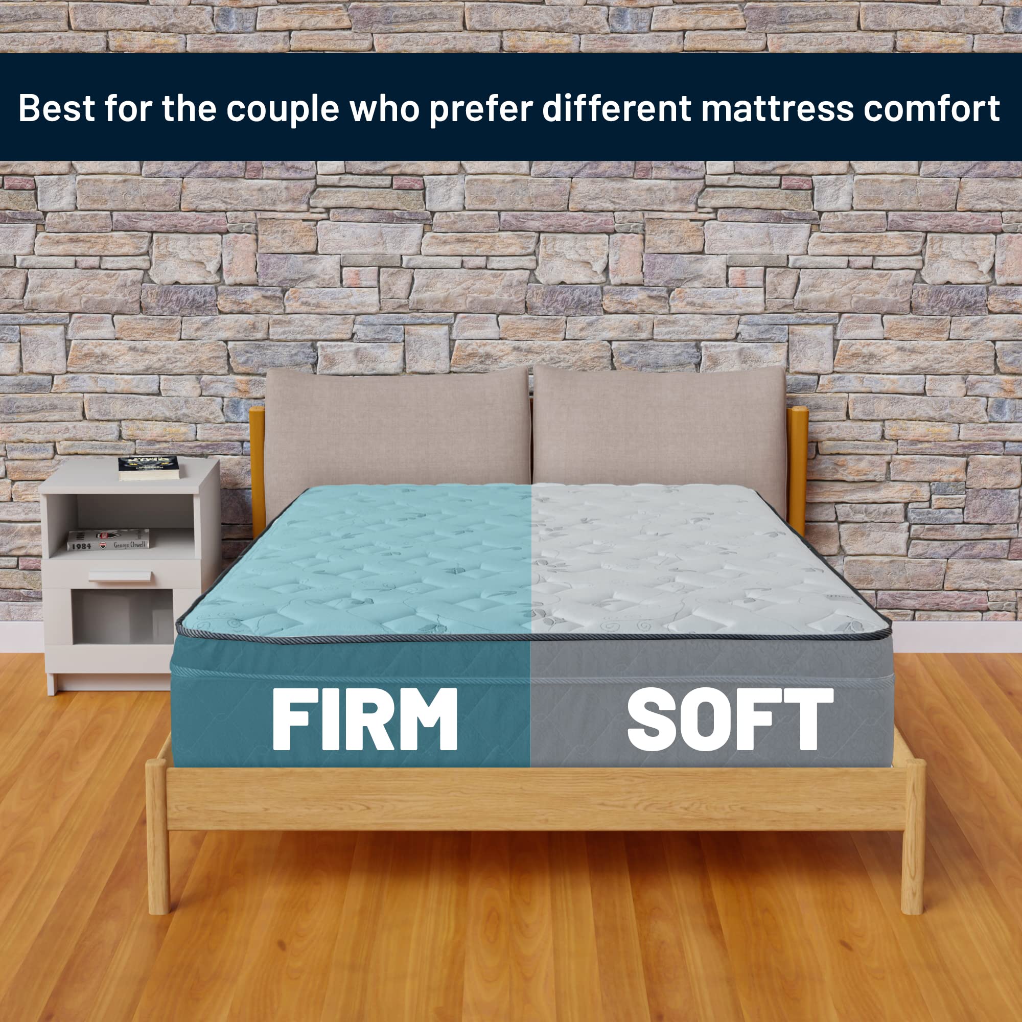 Greaton 12" Half-Firm, Half-Soft Dual Comfort Hybrid Memory Foam Pocket Coil Spring Mattress for Couples - Pressure Relieving, Motion Isolating Sleep System for Personalized Luxury Rest - Queen, Black