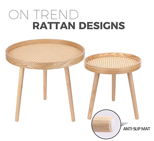 Round Coffee Table Set of 2, Natural Boho Coffee Table, Small Mid Century Modern Rattan Coffee Table, Boho Side Table End Tables for Living Room Bedroom Office Balcony