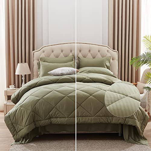 NexHome Bed in a Bag Comforter Sets Queen Green All Season Down Alternative Comforter Soft Microfiber Dobby Stripe 7 Pieces-1 Comforter 2 Pillow Shams 2 Pillowcases 1 Flat Sheet 1 Fitted Sheet