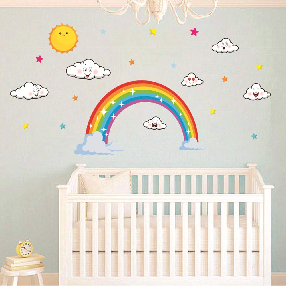 Mendom Rainbow,Sun and Clouds Wall Decals, Peel and Stick Removable Wall Stickers for Kids Nursery Bedroom Living Room,Wall Decor 28.7x15.7inch