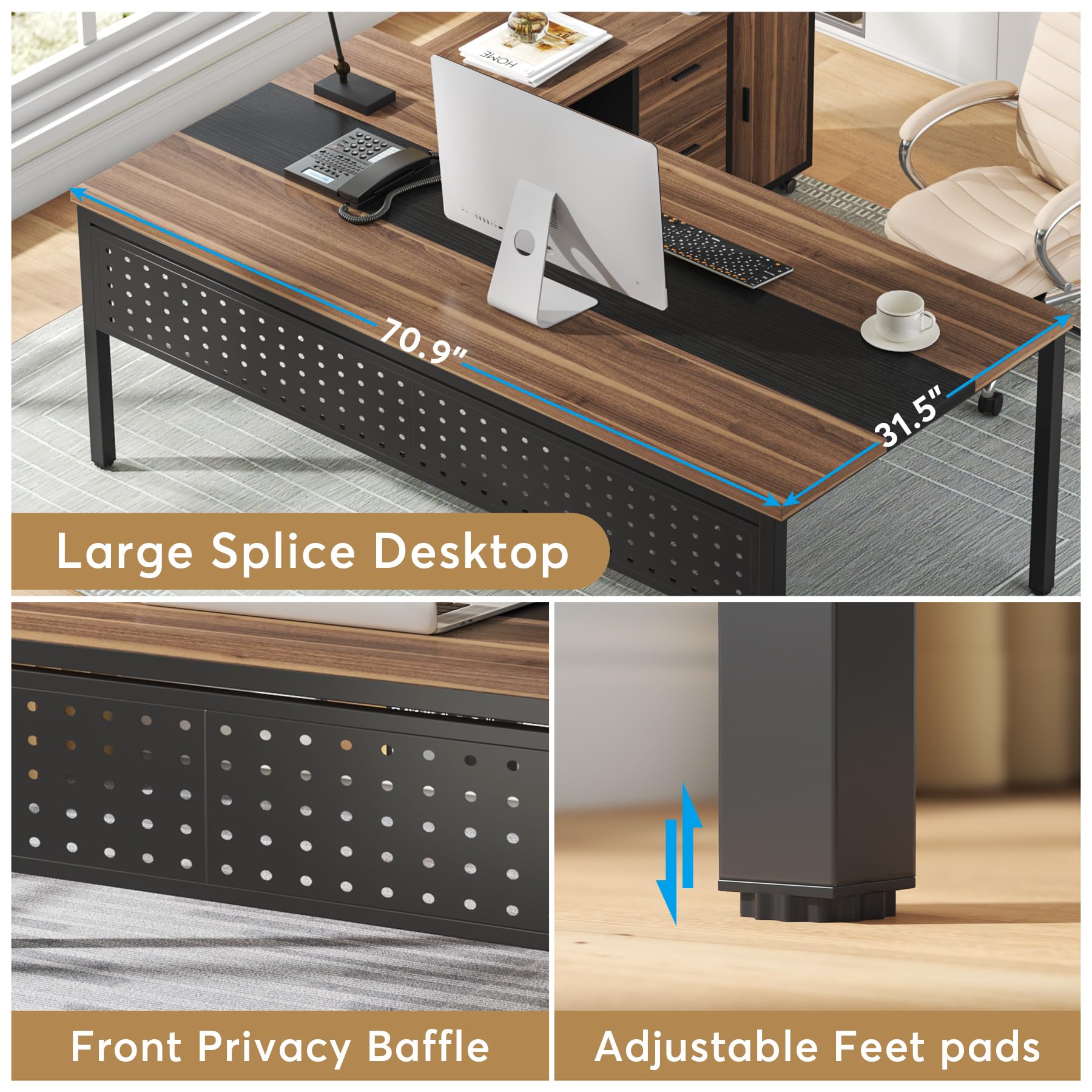 LITTLE TREE 70.8" Executive Desk with Lateral File Cabinet, Modern Thickened Wooden Workstation L-Shaped Computer Desk Large Home Office Writing Desk for Home Office