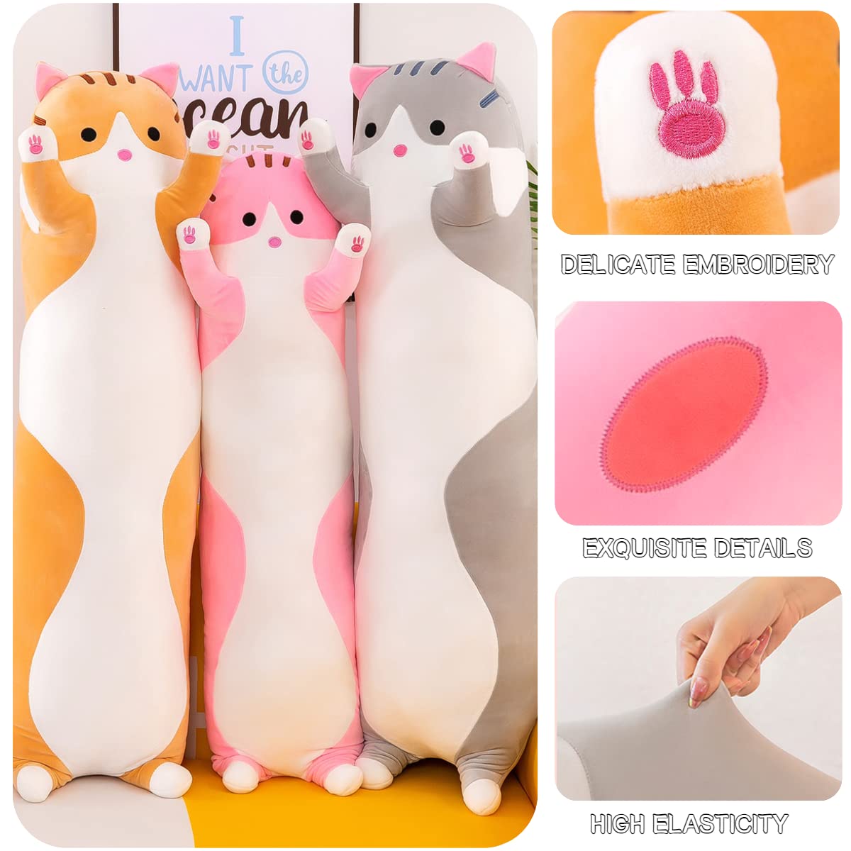 Giant Cat Pillow Plush Cartoon Kitty Sleeping Hugging Pillow, Cuddly Soft Long Kitten Body Pillow Doll Cat Cushion Toy for Kids Girlfriend (Gray, 70cm/27.55inch)
