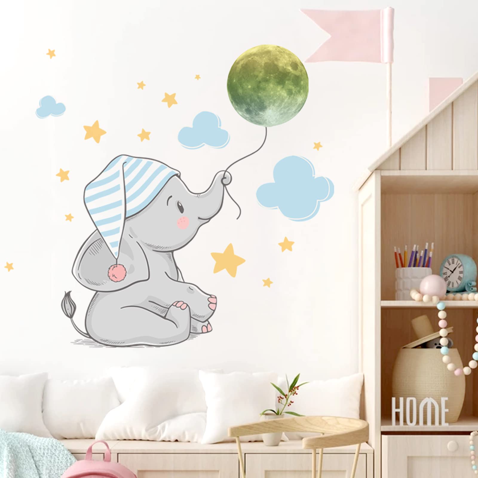 Lovely Elephant with Night Cap Wall Stickers, Luminous Moon Wall Decals, Cloud Star Cartoon Wall Decors, Removable DIY Art Wall Mural for Kids Bedroom, Nursery, Home Decoration