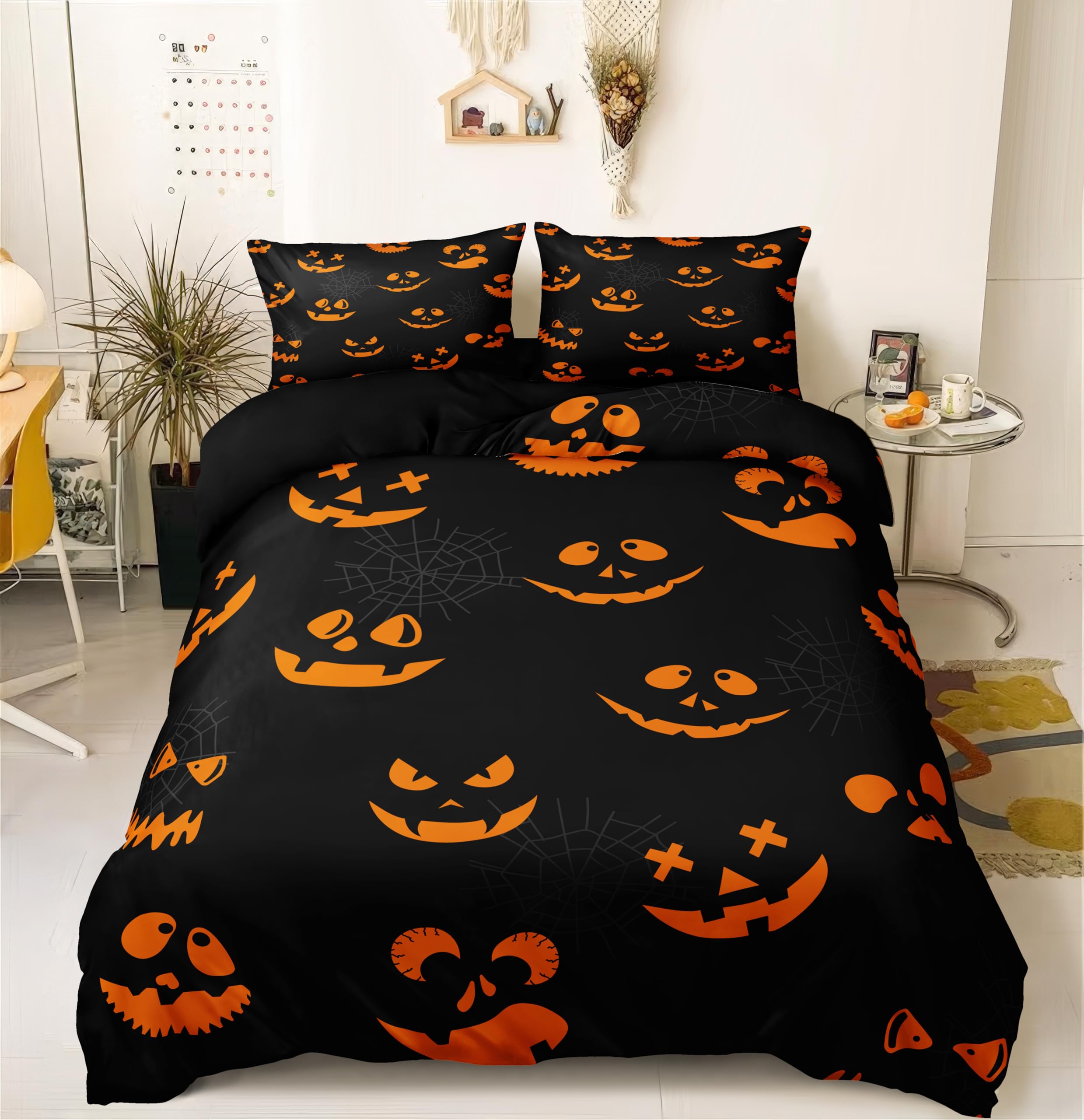 Bedorm Halloween Duvet Cover Set Orange Pumpkin Bedding Set Cute Pumpkin Ghost Cartoon Pattern Happy Halloween Decor Bedding King with 2 Pillowcases