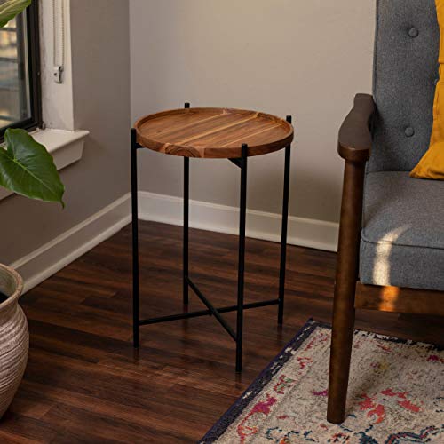 BIRDROCK HOME Folding Side Table with Removable Wood Tray - Black Metal Foldable Nightstand - Indoor Use Only - Bar Coffee Drinks Food Serving Tray - Decorative Modern End Accent - Natural Acacia