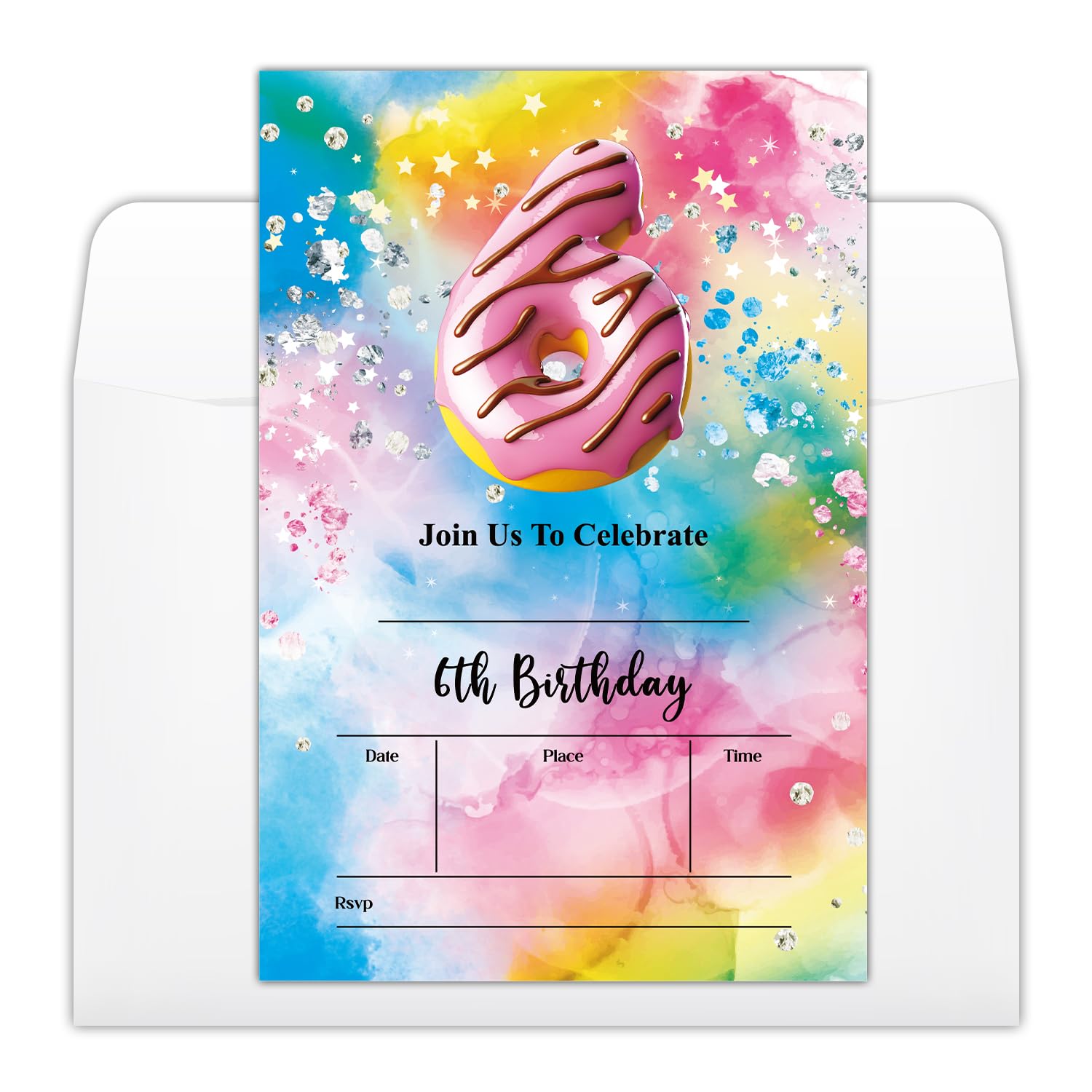 6th Tie Dye Candy Chocolate Birthday Party Invitations Cards with Envelopes, Rainbow Pink Stars Party Invitations, Birthday Celebration Supplies, Double-sided Fill-in bday Invites for Boys Girls- B02