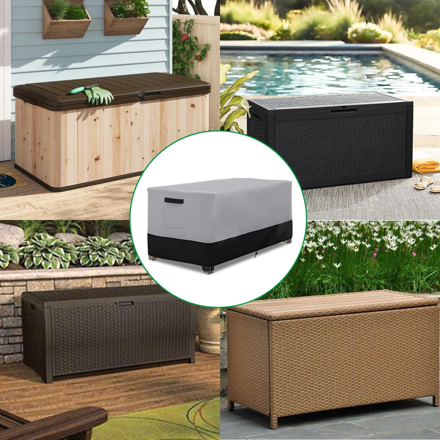 Zenicham Deck Box Cover, Waterproof 600D Rectangular Patio Furniture Cover for Outdoor Storage, Deck Rectangular Table Cover for Keter, Suncast, 44"L x 28"W x 24"H, Grey/Black