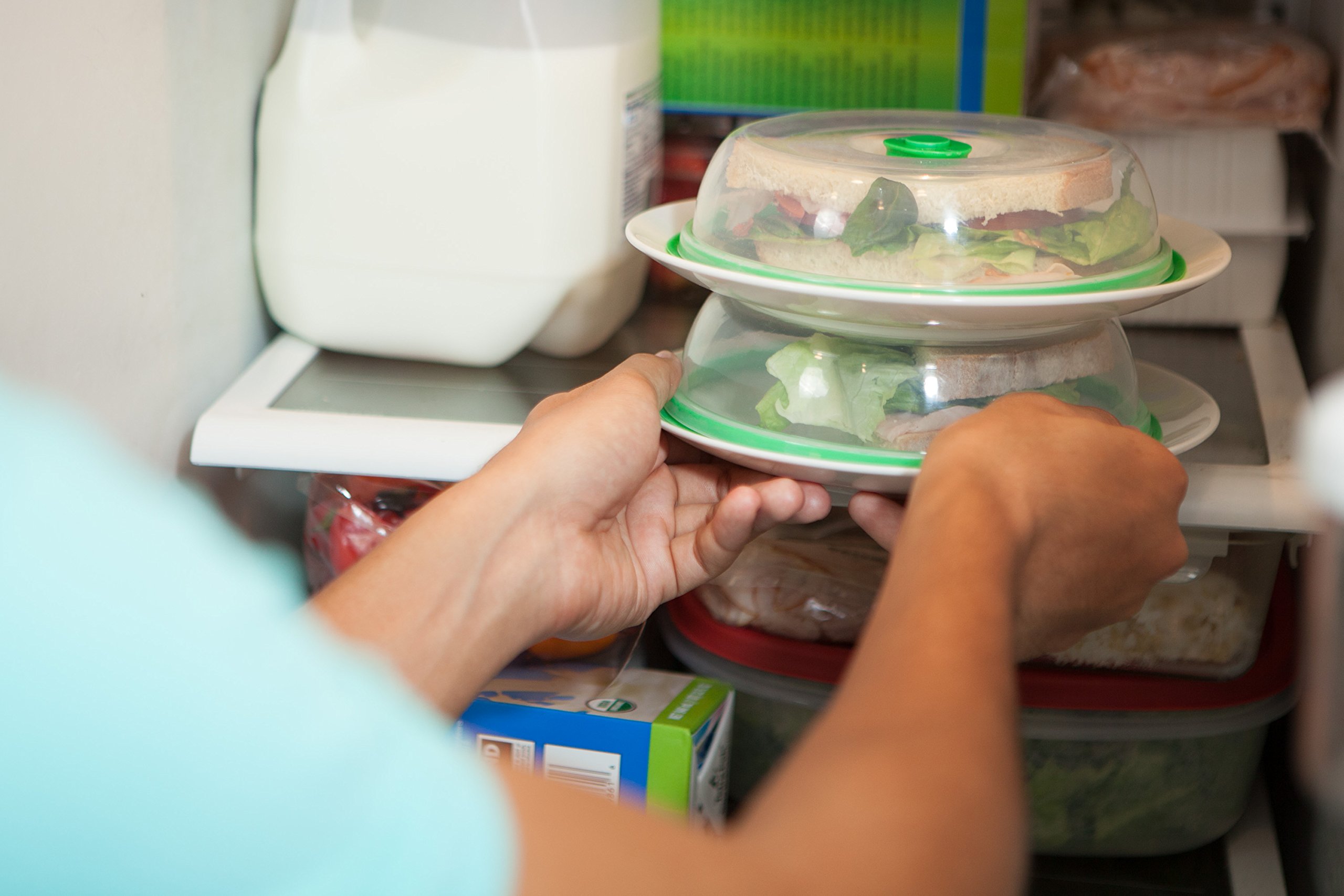 Press n Fresh Universal Vacuum Air-tight Food Sealer Container Plate Platter Lid Cover Topper Dome, Stackable, Dishwasher and BPA Free (9 & 7, Green)