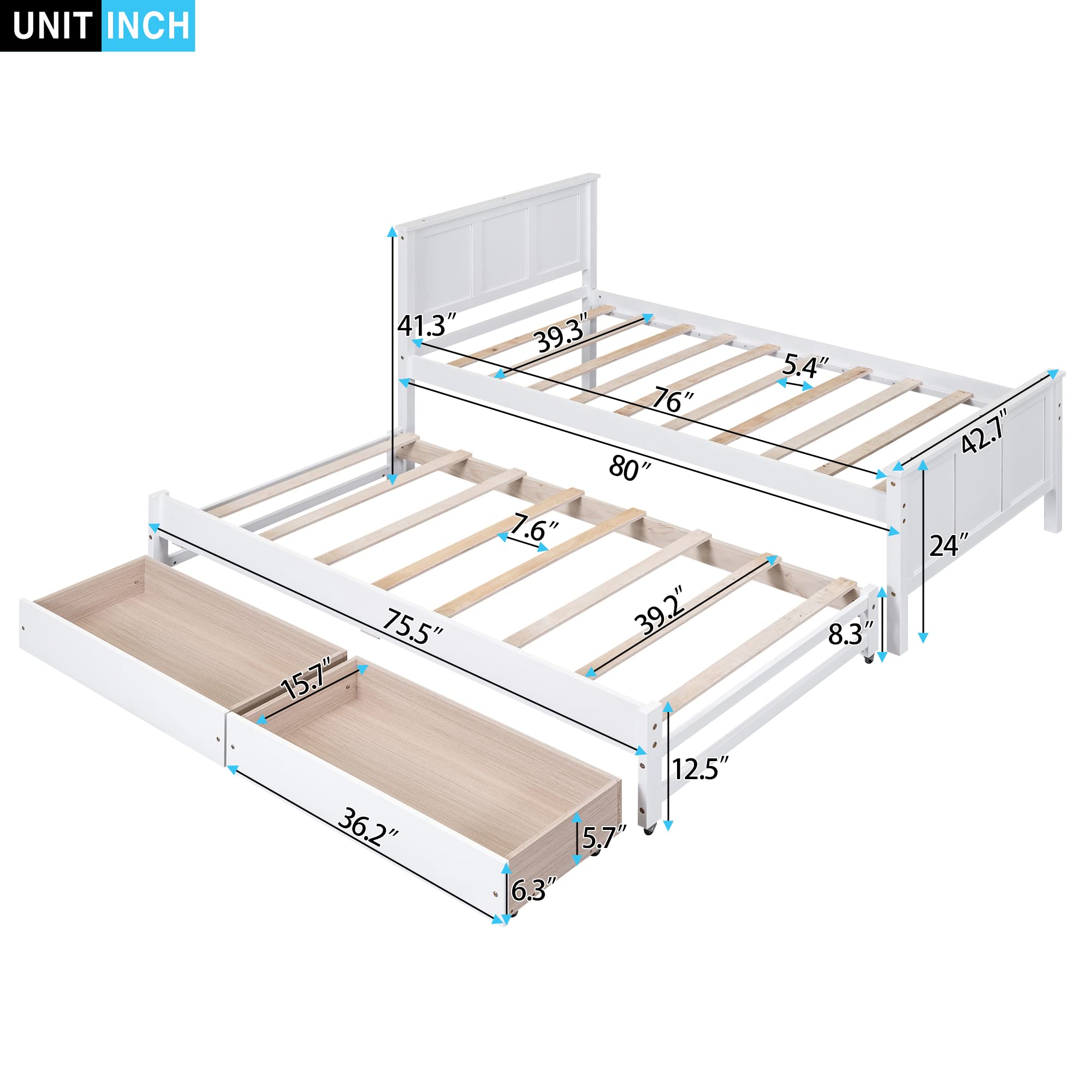 CITYLIGHT Twin Bed with Trundle and Storage, Wood Twin Size Platform Bed Frame with Trundle and Drawers, Space-Saving Twin Size Bed for Kids, Boys, Girls (Twin,White)