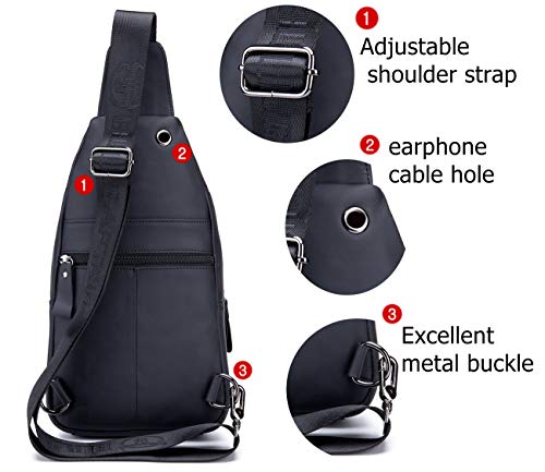 BULLCAPTAIN Genuine Leather Men Sling Bag Travel Crossbody Chest Bag Large Capacity Casual Hiking Daypack (Black)