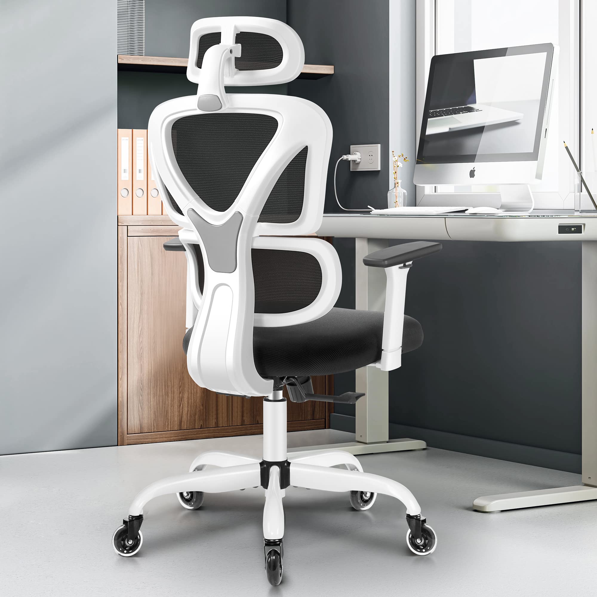 FelixKing Office Chair, Ergonomic Desk Chair with Lumbar Support, High Back Mesh Gaming Chair with Adjustable Headrest and Armrests for Conference Room White