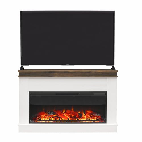 Ameriwood Home Mateo 53.5 Inch Electric Fireplace with Mantel, Replaceable Fireplace Insert Heater, Remote Control, Timer, Realistic Log and Flame Effect, for The Living Room or Bedroom, Ivory Oak