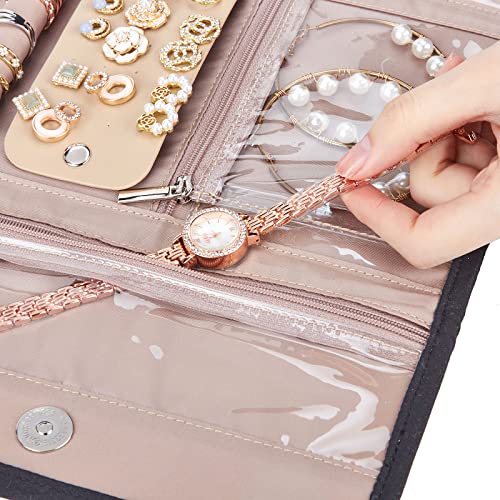 BELALIFE Travel Jewelry Case Organizer, Foldable Jewelry Storage Roll for Earrings, Necklaces, Rings, Bracelets, Brooches, Black