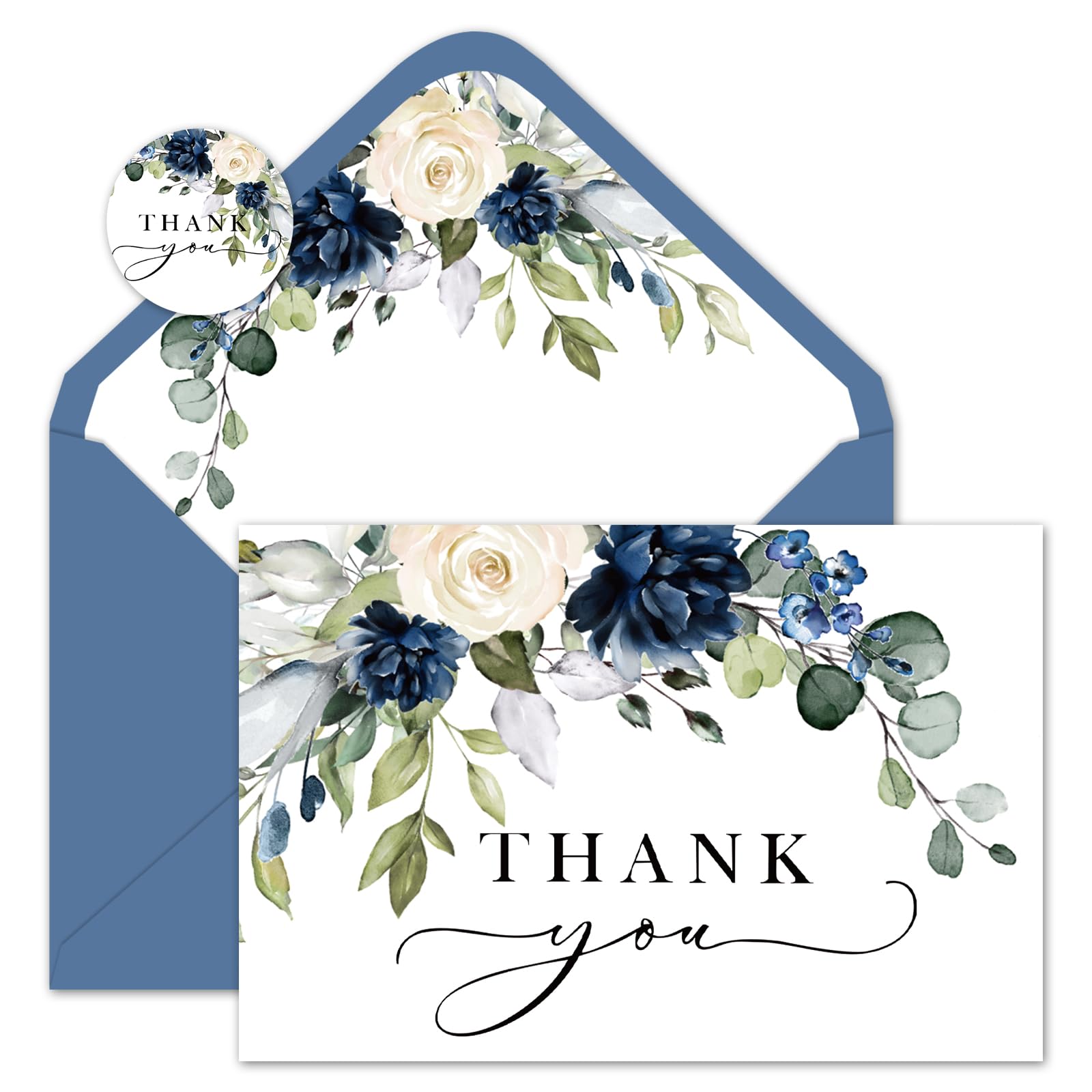 JarThenaAMCS 24 Pack Floral Thank You Cards Bulk Watercolor Blue Flower Note Cards with Envelopes Stickers Decorative Greeting Blank Cards for Wedding Baby Shower Birthday