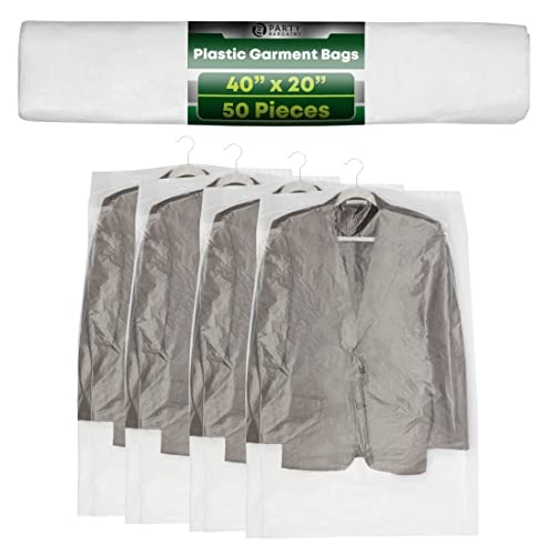 Party Bargains 40 Inch Garment Bags - [50 Count] 80 Gauge Dry Cleaning Laundrette Bag for Suits, Dresses, Gowns, Coats, Uniforms, & More - Clear Polyethylene Clothes Cover Protector